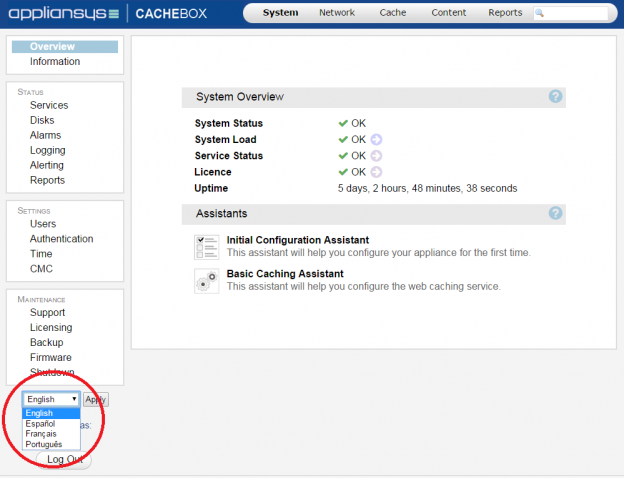 CACHEBOX User Interface – Multi-language Options